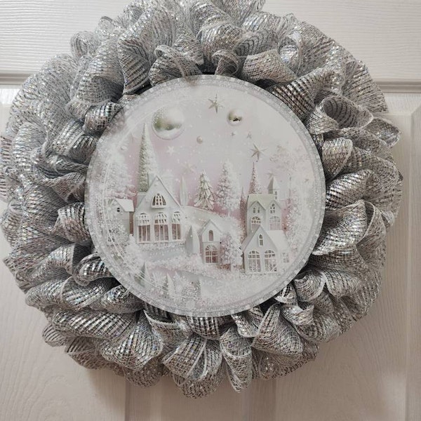 Pink and White Village Winter Wreath Sign, Metal Wreath Sign, Round ...
