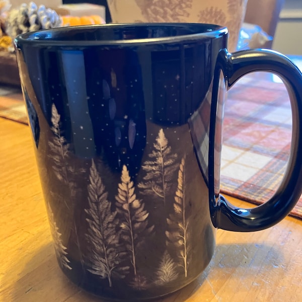 Winter Forest Mug Gift Whimsical Vintage Art Fall Trees 15oz Black ...