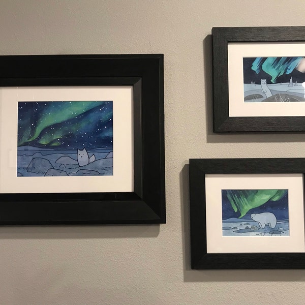 Northern Lights Arctic Fox Art Print Watercolor Illustration Kids Room ...