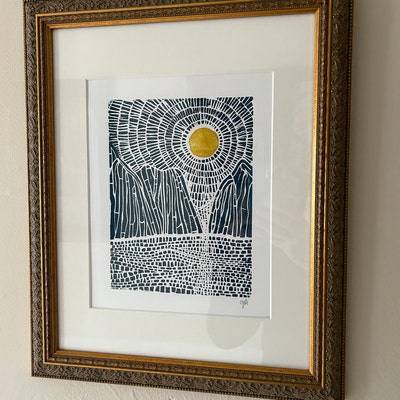 Sunset on the Ocean Hand-pressed Linocut Print 8x10 Minimal Textured Poster Metallic Gold Bronze ...