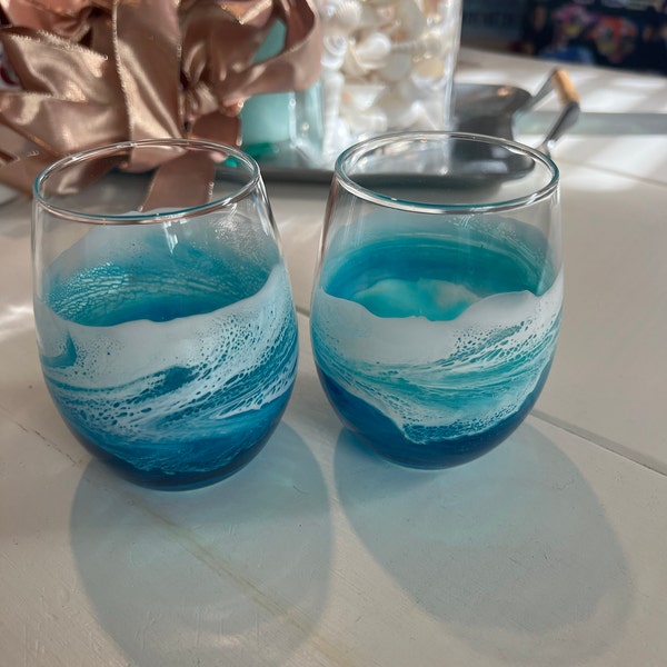 Handcrafted Ocean-inspired Wine Glasses With Resin Waves – Coastal ...