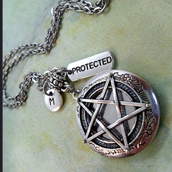 Pentacle Necklace, Pentagram Locket W-protected Charm and Letter Charm ...
