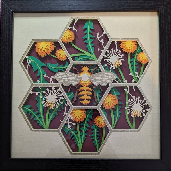 3D Bee Shadow Box SVG Layered Dandelions SVG, Spring Shadow Box, Honey Bee 3D Svg, Honey Comb 3d ...