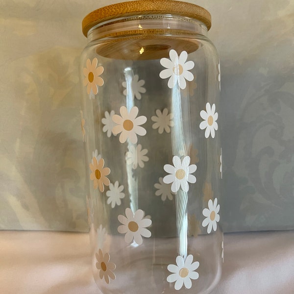 Daisy Iced Coffee Glass Cup Spring Floral Glass Cup With Bamboo Lid And