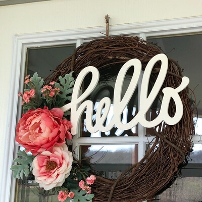 Spring Wreath, Hello Wreath, Hello Sign, Front Door Wreath, Rose Wreath ...