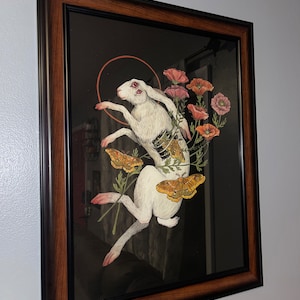 White Rabbit With Poppy Flowers Giclee Print From Original Hand ...