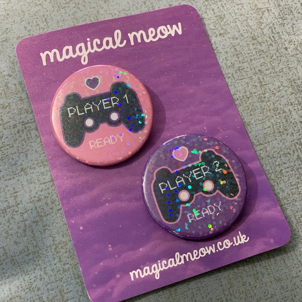 Player 1 Player 2 Holographic Pin Badge Set 38mm, Kawaii, Gaming, Gamer ...