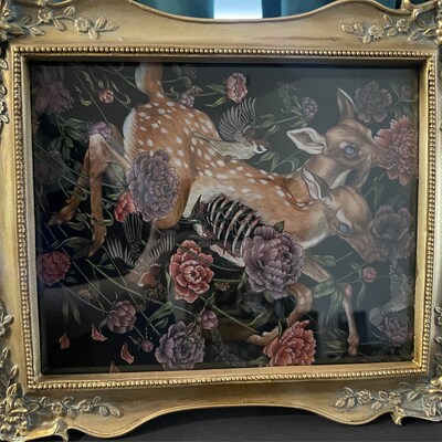 Fawn Deer With Birds and Flowers Gothic Botatnical Art - Etsy