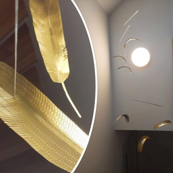 Gold Feather Mobile, 4 or 6 Piece, Kinetic Feather Mobile of Brass ...