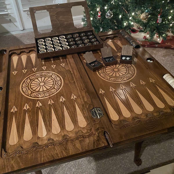 Custom Engraved Chess Table W/ Lion, Wooden Chess Set, Checker Board ...