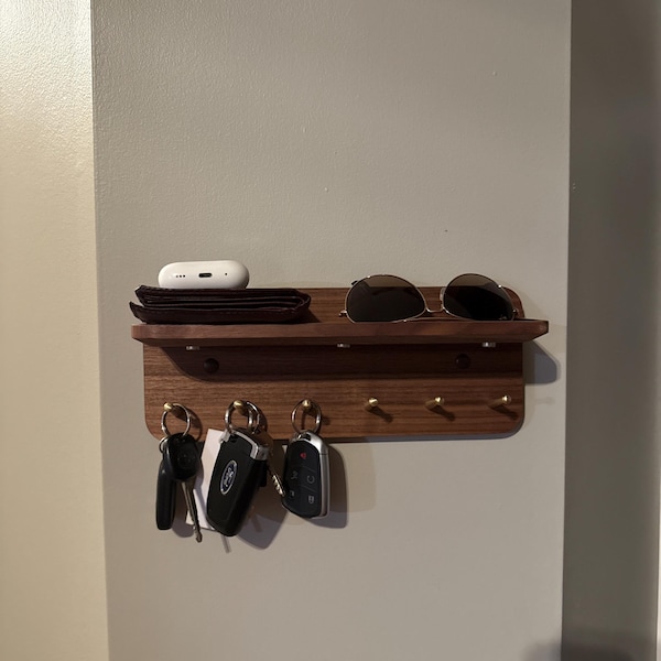Walnut Key Rack With Shelf: Magnetic Key Holder & Brass Hooks - Etsy