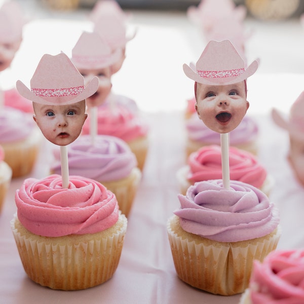 Rodeo Cupcake Toppers With Photo and Pink Cowgirl Hat, Face Cupcake ...