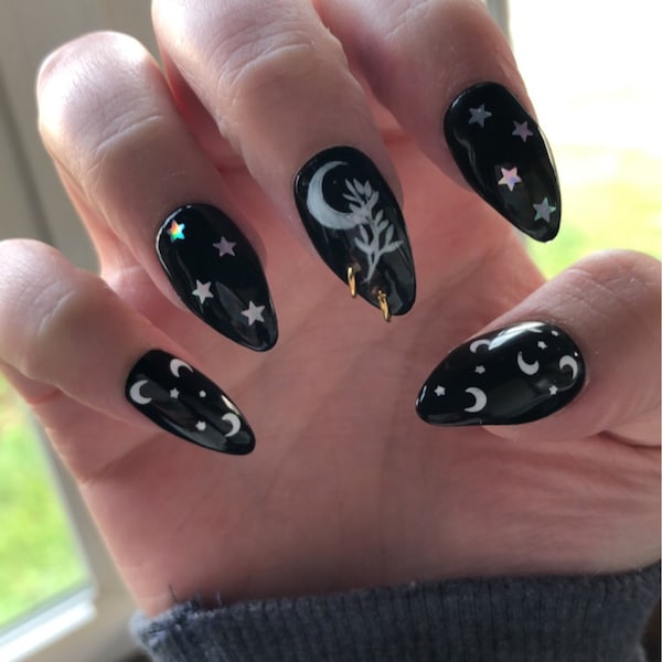Black Star Moon Press on Nails: Long Stiletto Accent Hoop Nail - Etsy