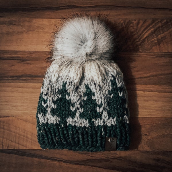 Christmas Tree Knitted Hat With Fur Pom - Green Brim/evergreen Tree Hat ...