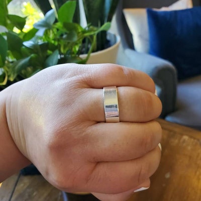 Band Mens Wedding Ring 8mm Wide Band Flat Edge Ring Silver Wedding Band Cigar Ring Simple ...