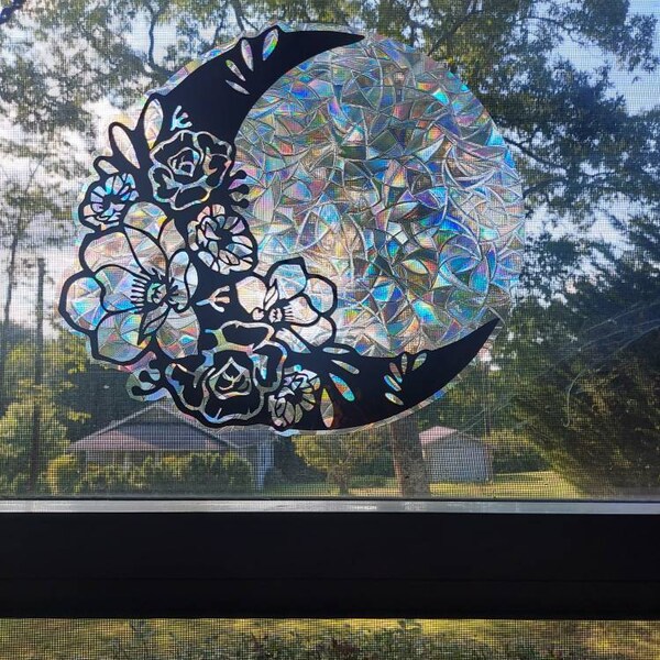 Floral Crescent Moon Glass Window Static Cling // Produces Rainbows ...