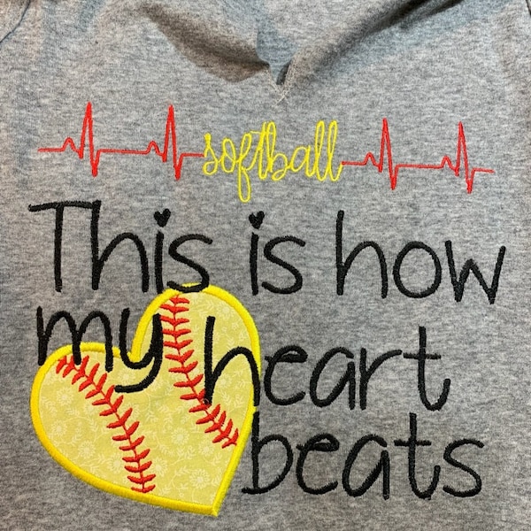 Softball Heart Beat Machine Embroidery Design Instant Download 4x4 5x7 ...