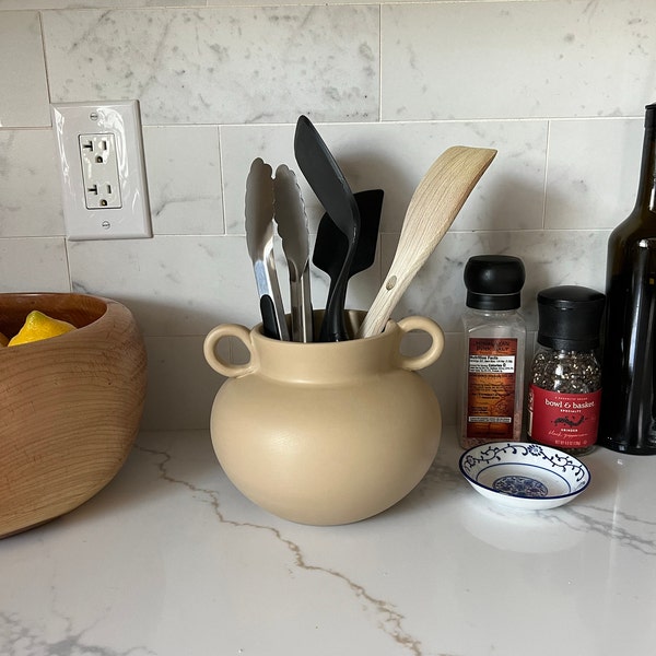 Rustic Kitchen Utensil Holder, White Textured Ceramic Vase, Handled ...