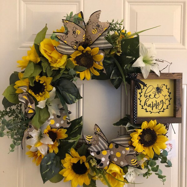 Yellow Bee Happy Farmhouse Sign - Spring Tiered Tray Decor - Summer ...