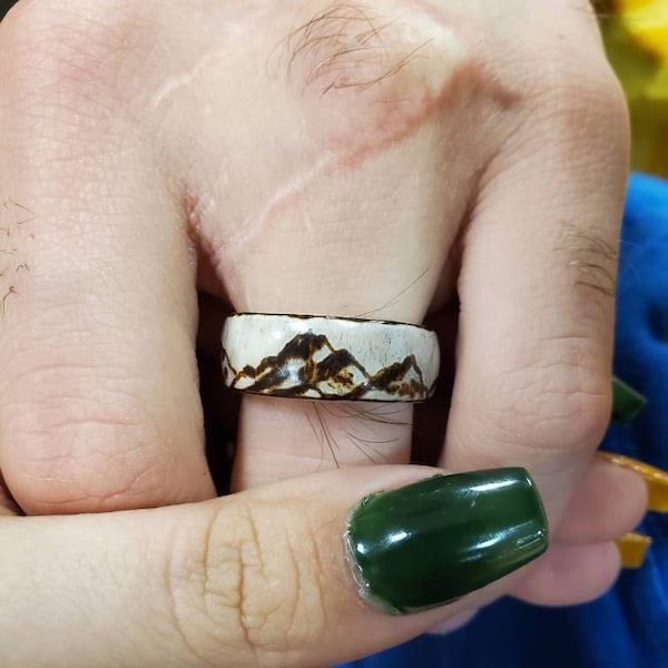 Deer Antler Ring With Mountain Pyrography | Mountain Ring | Deer Antler ...