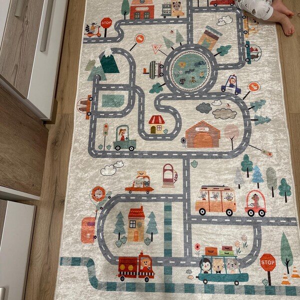 Blue Kids Rug, Train Rail Play Mat, Kids Room Rug With Trolley, Kids ...
