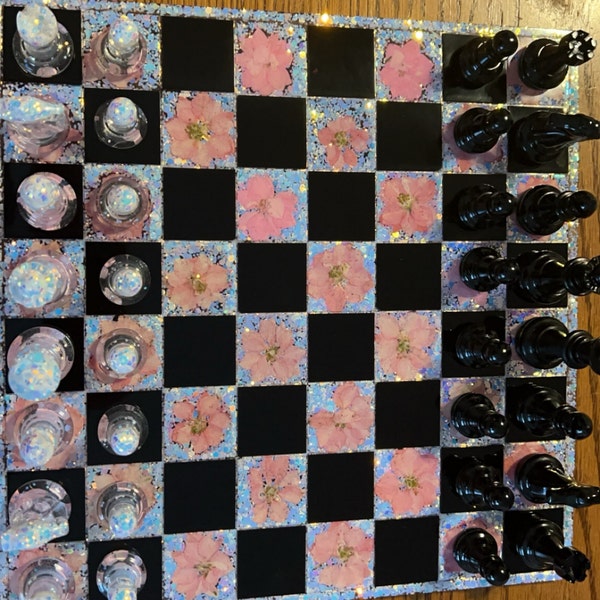 Custom Resin Chess Set~ Real Flower Chess Board Set ~ Real Flower Chess ...
