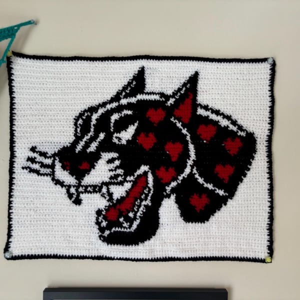 Love Heart Panther Traditional Tattoo Crochet Wall Hanging Tapestry ...