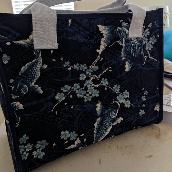 Japanese Dobby Fabric -- Blue and White Koi Fish With Blue Cherry ...