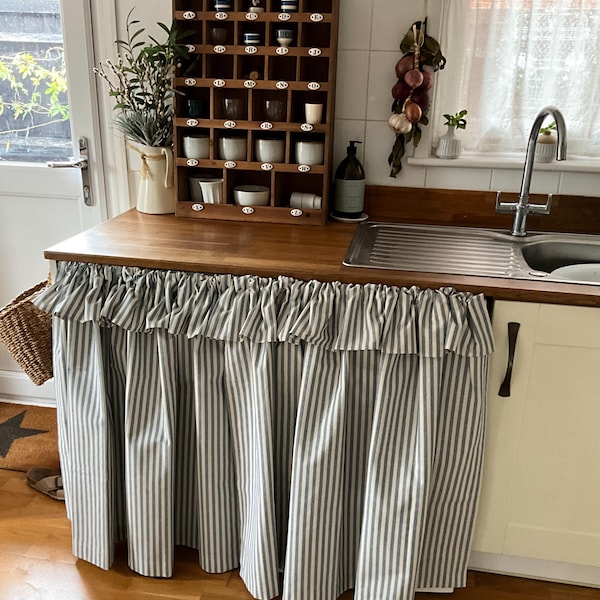 Blue Striped Under Counter Curtain With Ruffle, Cupboard Drape or Sink ...