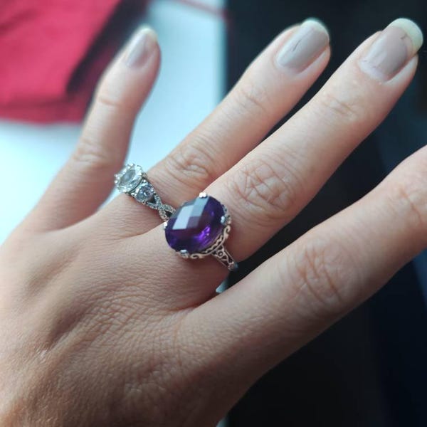 Natural Purple Amethyst Ring • Sterling Silver • Oval 5ct Gemstone ...