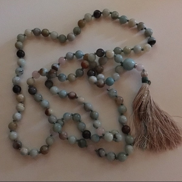 Mala for Calming - Amazonite Mala Beads - 108 Bead Mala Necklace - Rose ...
