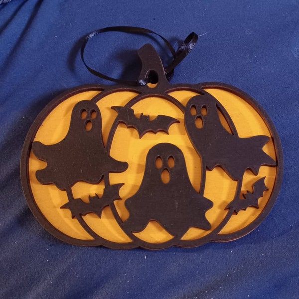 Spooky Wood Pumpkin Ornaments / Ghost Bats Cat and Haunted House ...