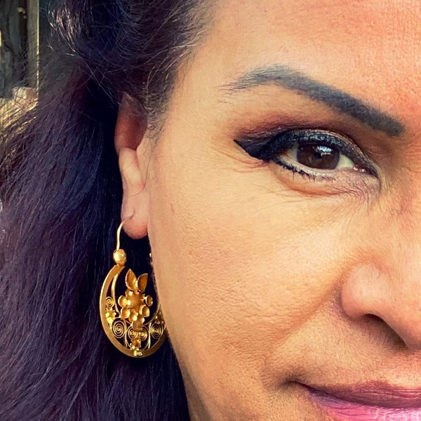 10k Gold Mexican Arracadas Hoop Filigree Vintage Earrings - Etsy