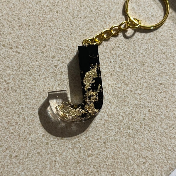 Glam Black, Clear and Gold Initial Keychain | Resin Initial Keychain ...
