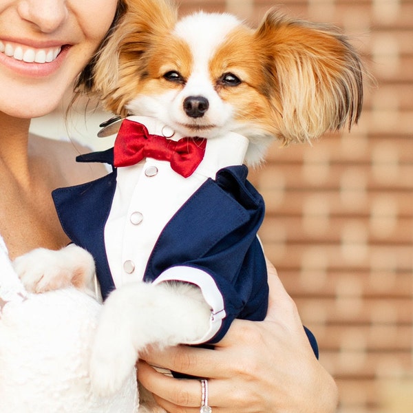 Navy Blue Dog Tuxedo With Burgundy Bow Tie Dog Wedding Attire Formal Dog Suit Swallow-tailed Dog ...