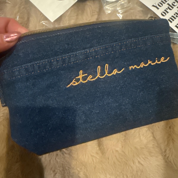 Personalized Upcycled Denim Zipper Pouch: Embroidered Makeup Bag Made ...