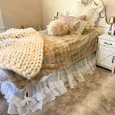 Double Ruffle Linen Bed Skirt Split Corners Ruffled Panel Dust Ruffle ...