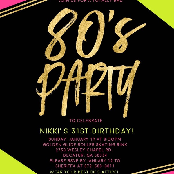 80's Prom Birthday Invitation Template, 80s Themed Neon Party ...