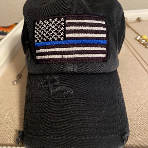 Thin Blue Line Hat, Distressed Baseball Cap OR Ponytail Hat With Thin ...