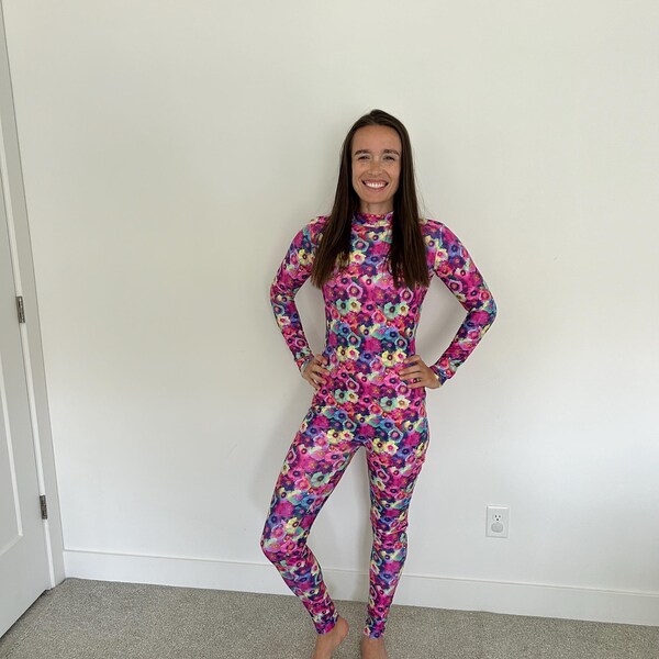 Purple Pink Flower Field Catsuit Wet Look Spandex Psychedelic Jumpsuit ...