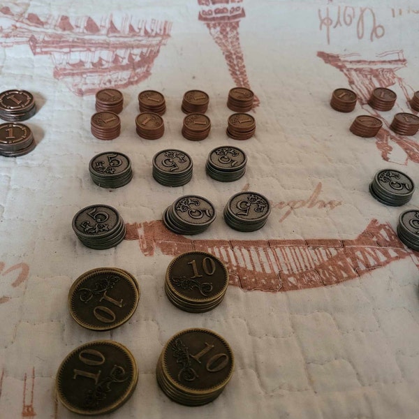 Set of Bronze, Silver and Gold Metal Coins of Value 1, 2, 5 for Board ...