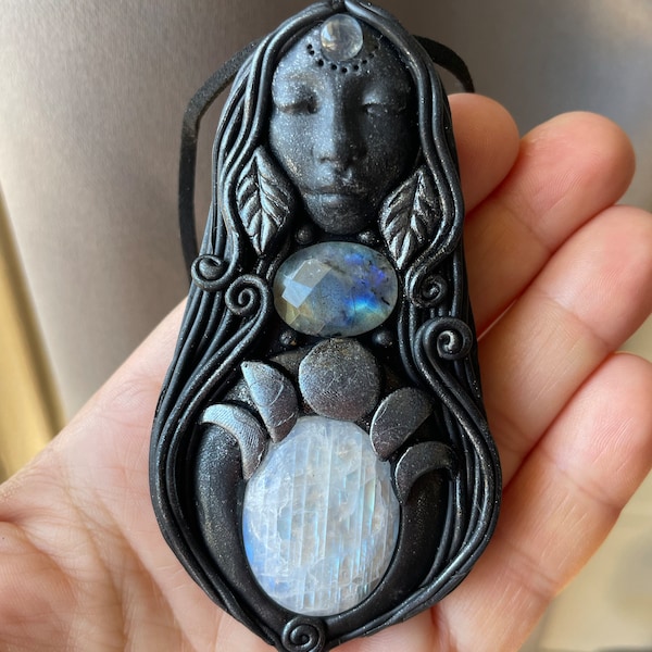 Selene. Triple Moon Goddess Wiccan Necklace. Moonstone Aura Quartz ...