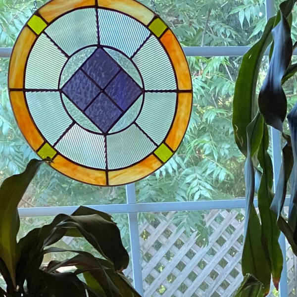 Stained Glass Window Panel Hanging Round Suncatcher Earth Tones 10x10 ...