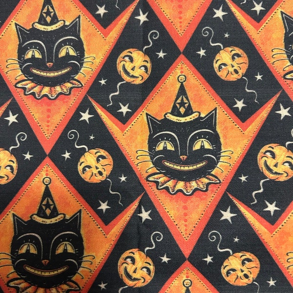 Retro Cat Clown Fabric - Grinning Black Cat Jacks by ...