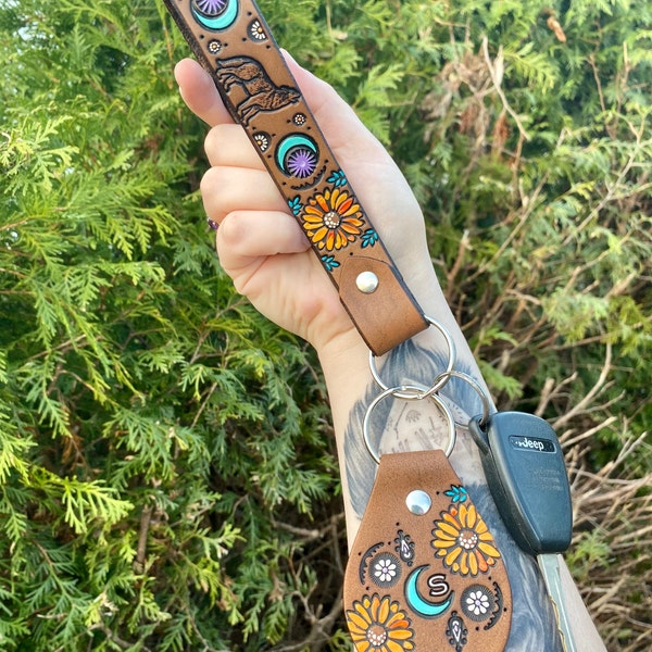 Custom Initial Leather Key Ring: Hand-painted Sunflowers & Moon - Etsy