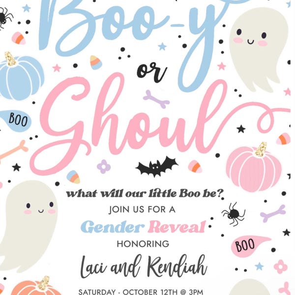 Editable Halloween Gender Reveal Invitation Little Boo Ghost Gender ...