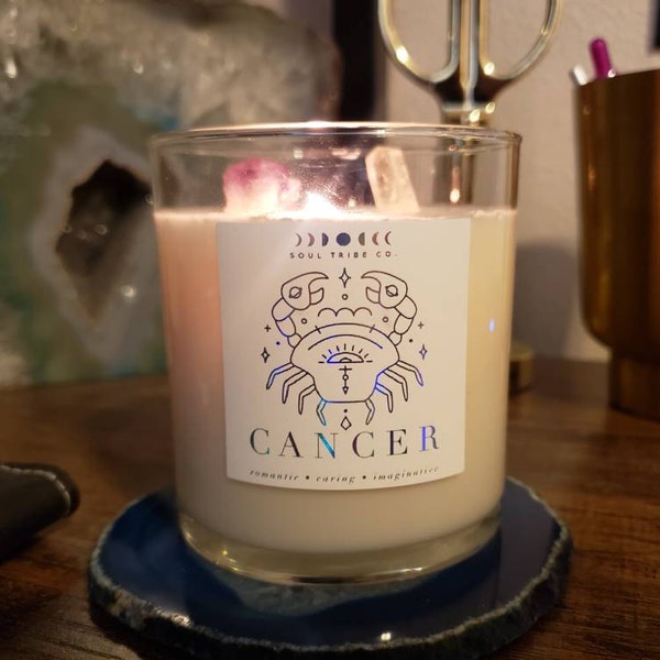 Iridescent Cancer Candle With Crystals: Handmade Zodiac Gift - Etsy