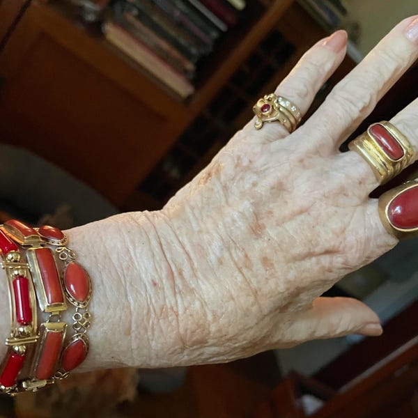 Red Coral Bracelet - 14kt Rolled Gold - Size 6 to 8 - Wire Wrapped ...