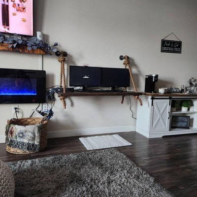 Rope & Pipe Desk Farmhouse Suspended Wood Wall Mounted Standing ...