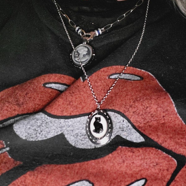 Vintage Style Victorian Gothic Black Cat Cameo Locket Necklace Assorted ...